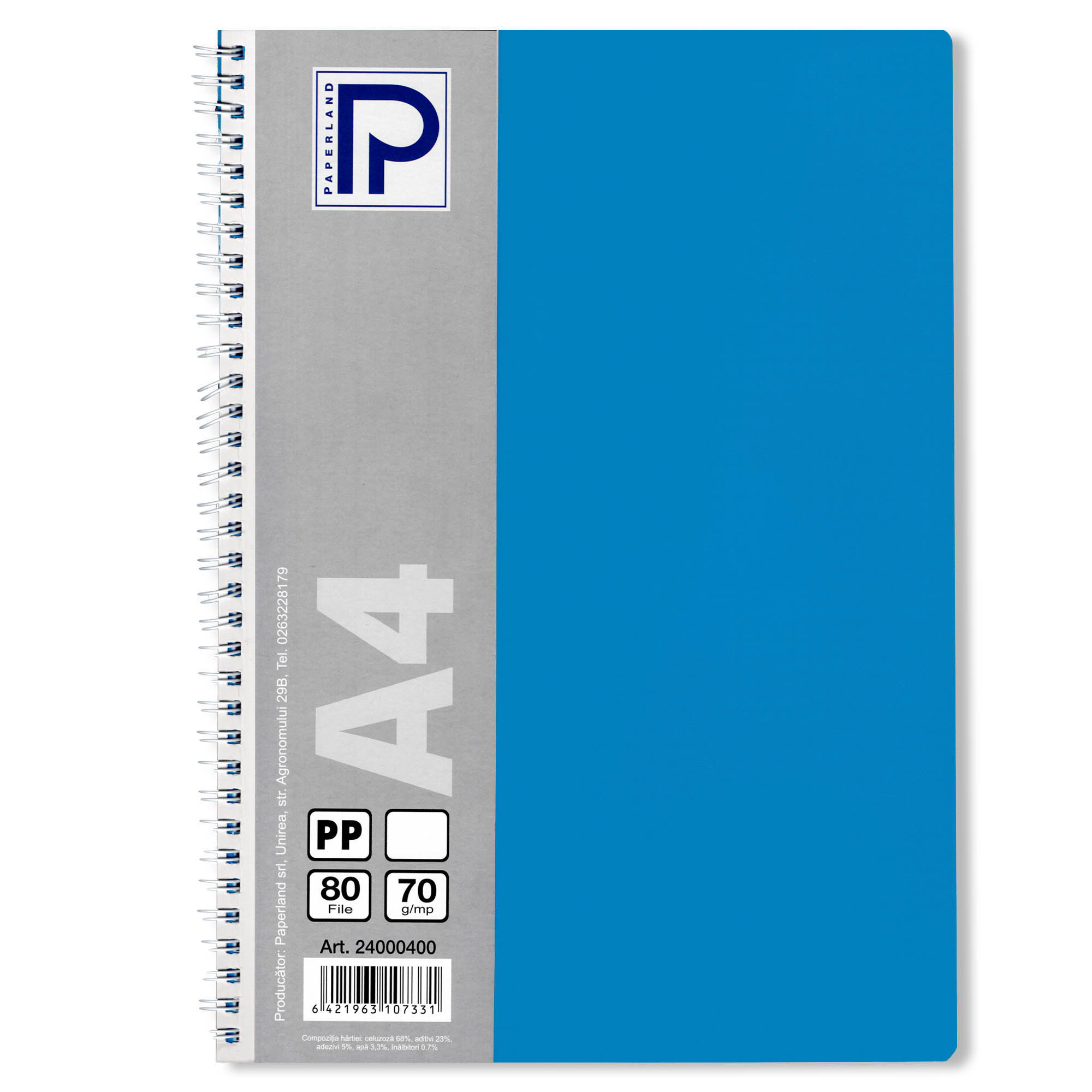 Caiet cu spirala A4, 80 file, velin, coperta plastic, PAPERLAND PP400 ...