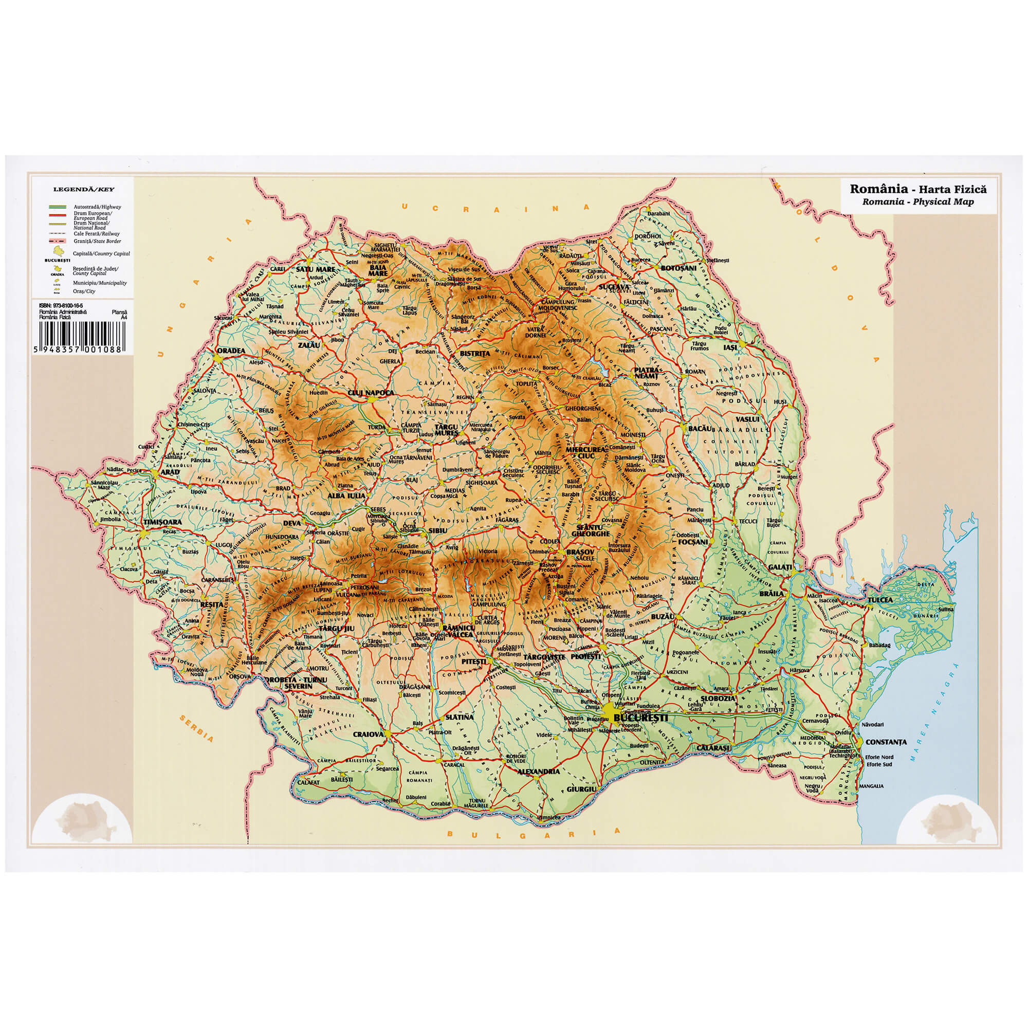 Plansa harta A4 Romania fizica si administrativa, A4 - Office Direct