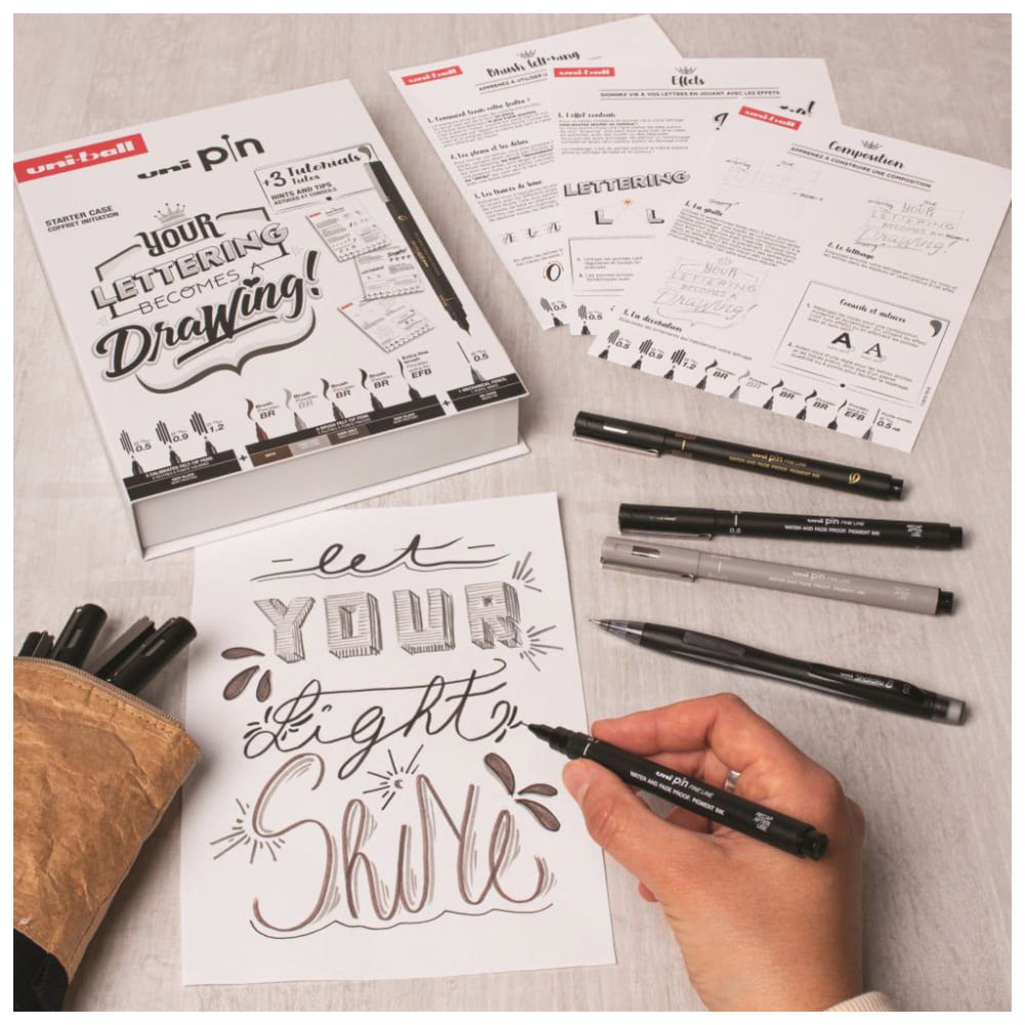 Liner varf 0.1-1.0 mm plus pensula, UNI Pin 200 Fine Line Lettering, 9 ...