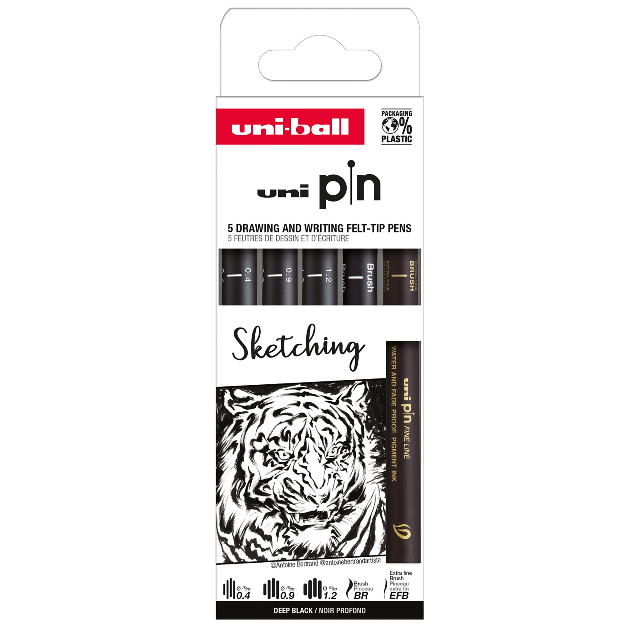 Liner varf 0.4-1.2 mm plus pensula, UNI Pin 200 Fine Line Sketching, 5 ...