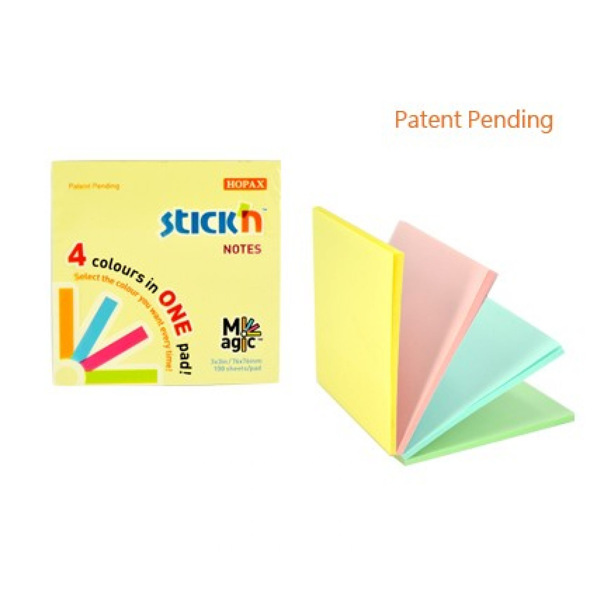 Notes autoadeziv 76x76 mm, 100 file, 4 culori pastel Magic Stick'n ...