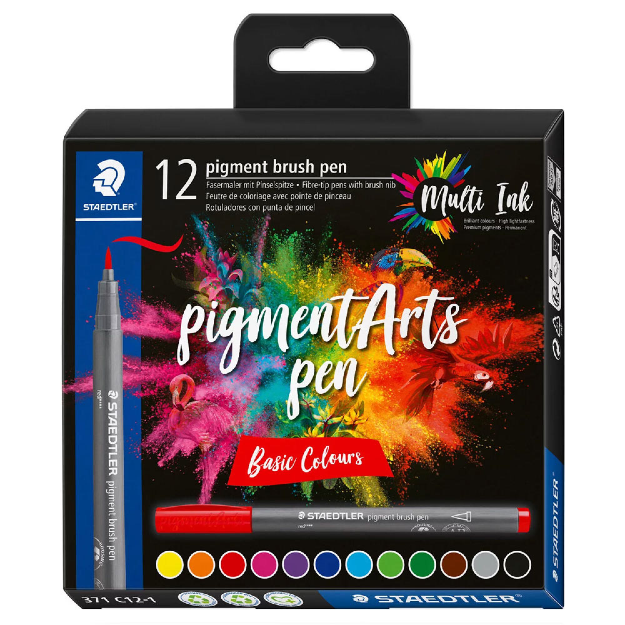 Marker pensula STAEDTLER Pigment Arts Pen, Basic Colours, 12 buc/set ...