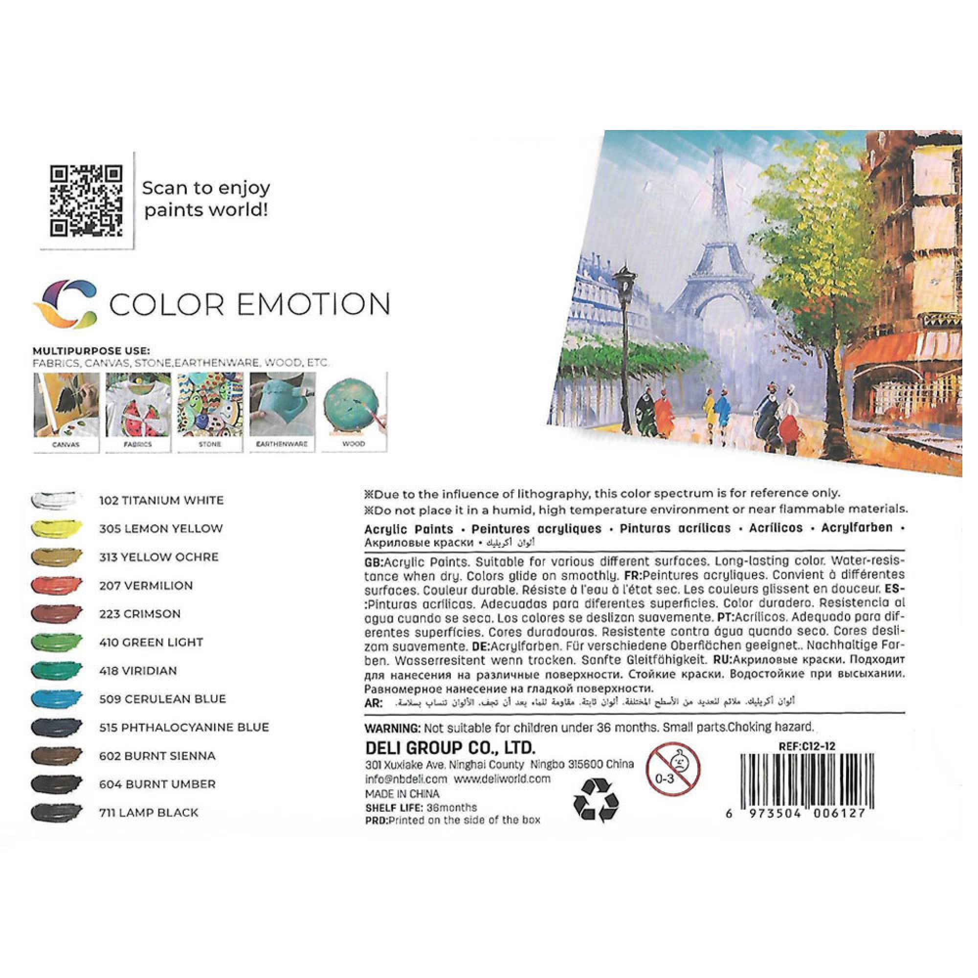Culori acrilice 12 tuburi/set, DELI Color Emotion - Office Direct