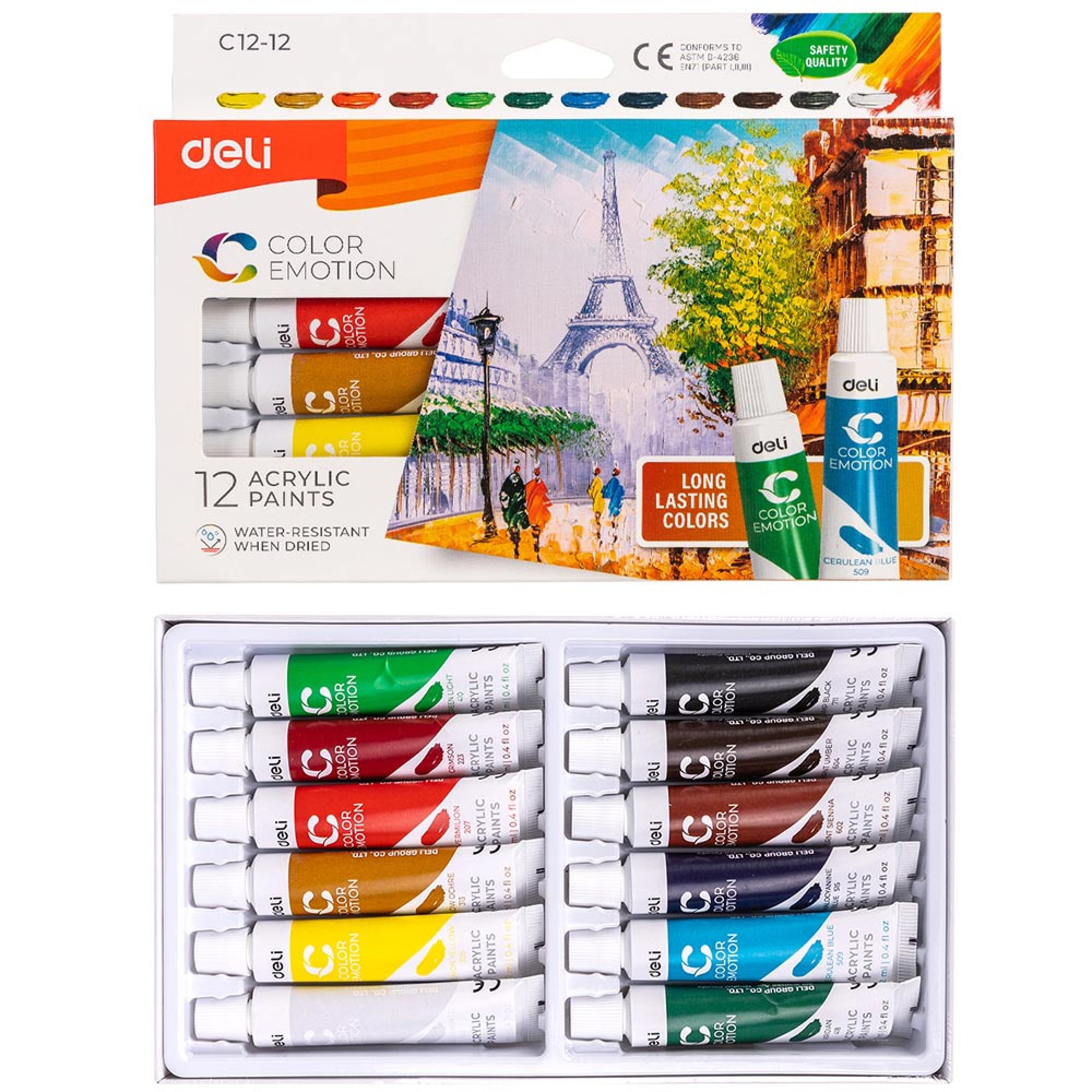 Culori acrilice 12 tuburi/set, DELI Color Emotion - Office Direct