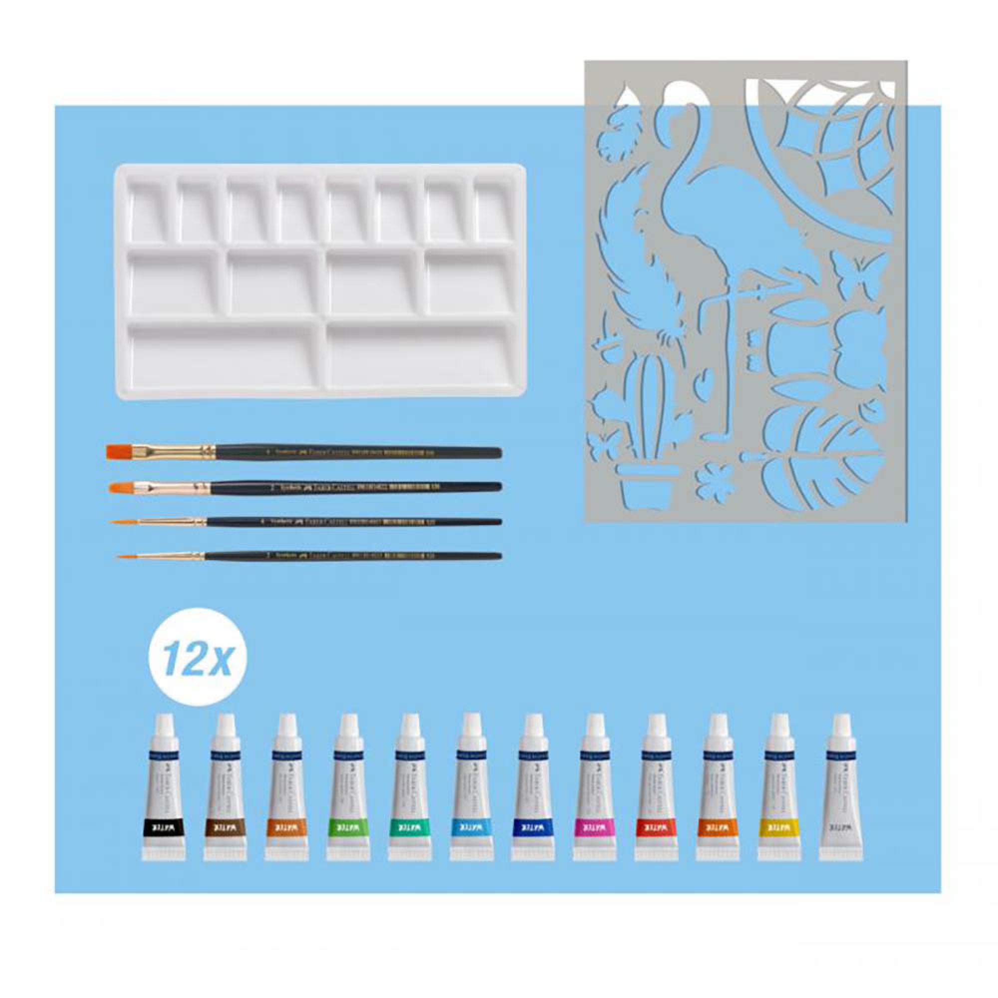 Tempera acuarele cu paleta si pensule pictura, 18 piese/set, FABER ...