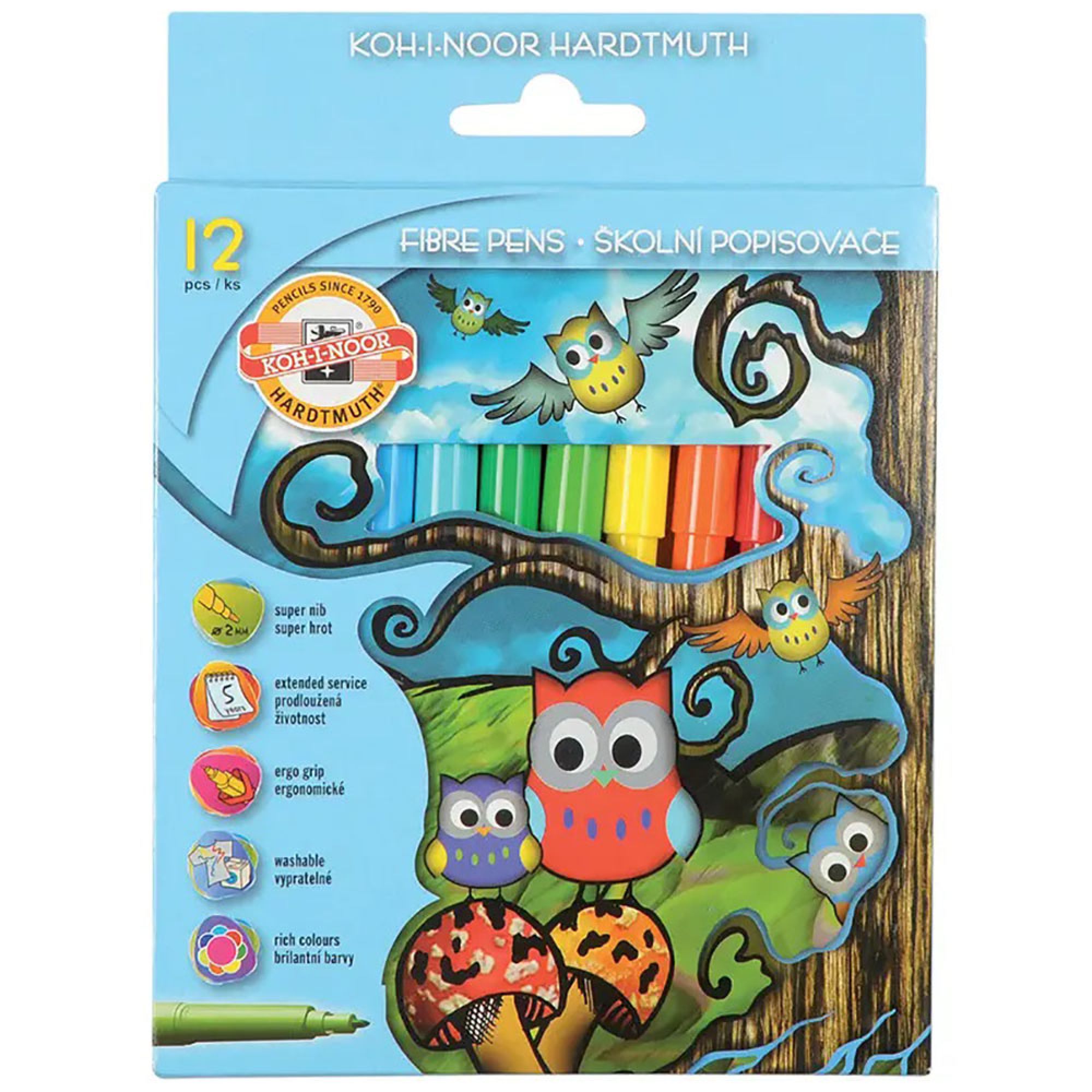 Carioci scoala KOH-I-NOOR Owls, 12 culori/set – Office Direct