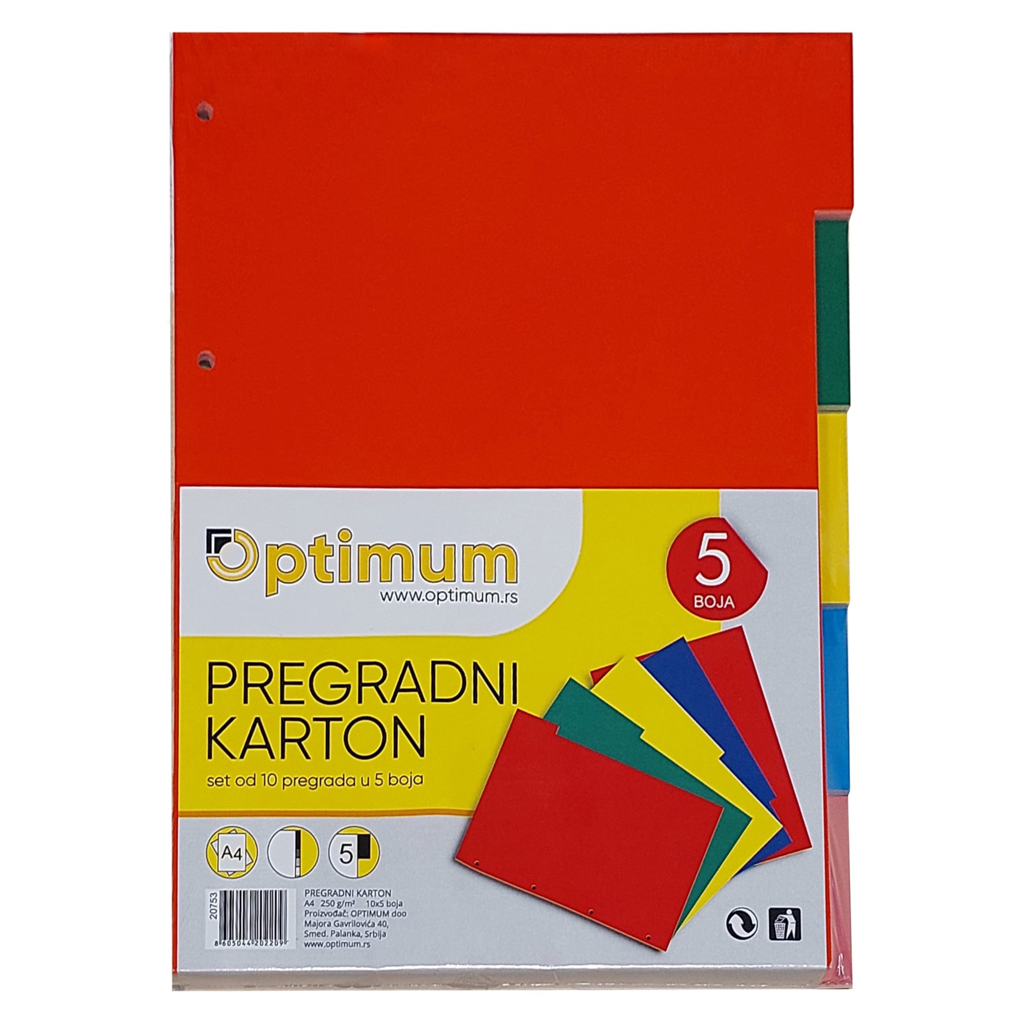 Separatoare carton color, 5 culori/set OPTIMUM
