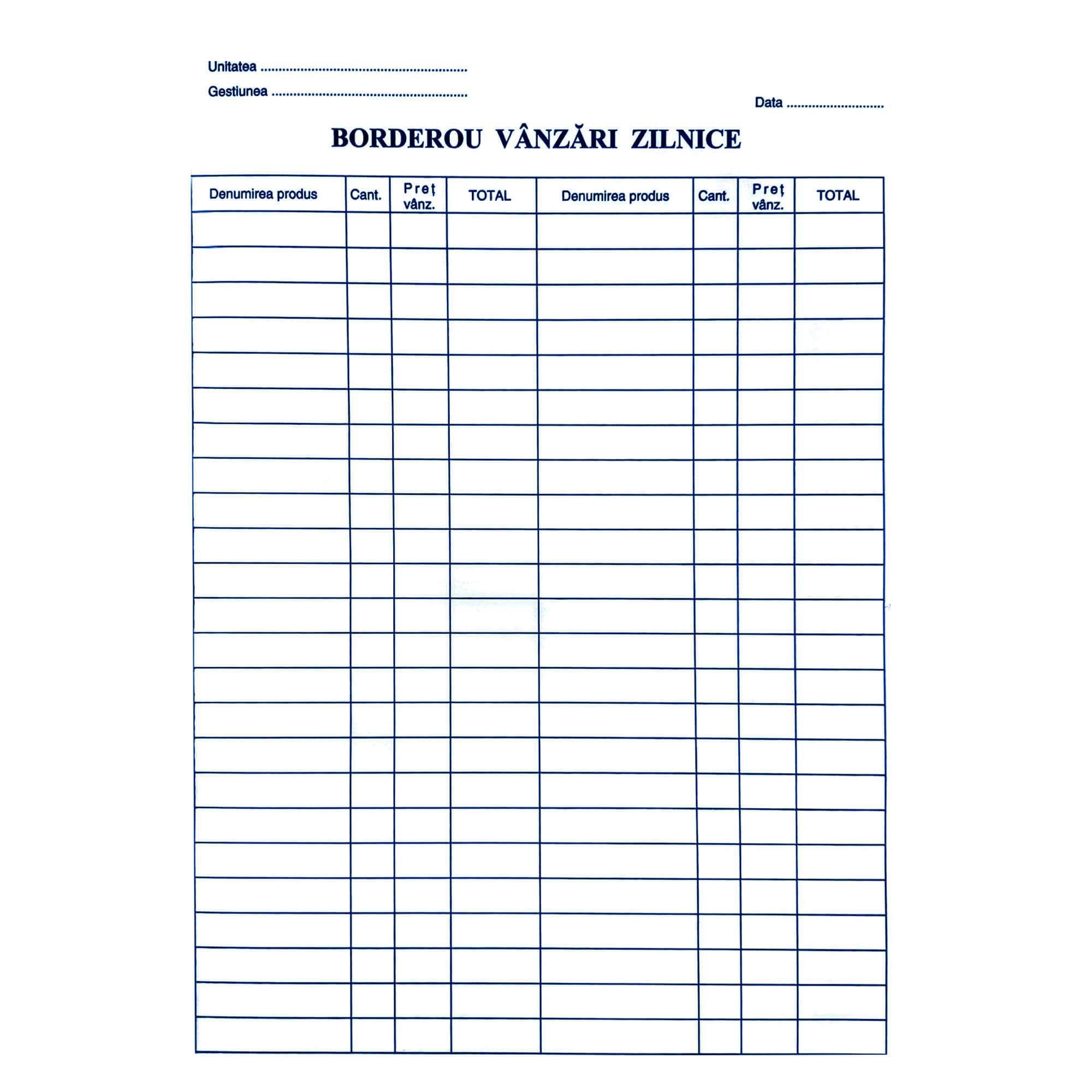 Borderou vanzari zilnice autocopiativ, 2 exemplare, A4, 100 file ...