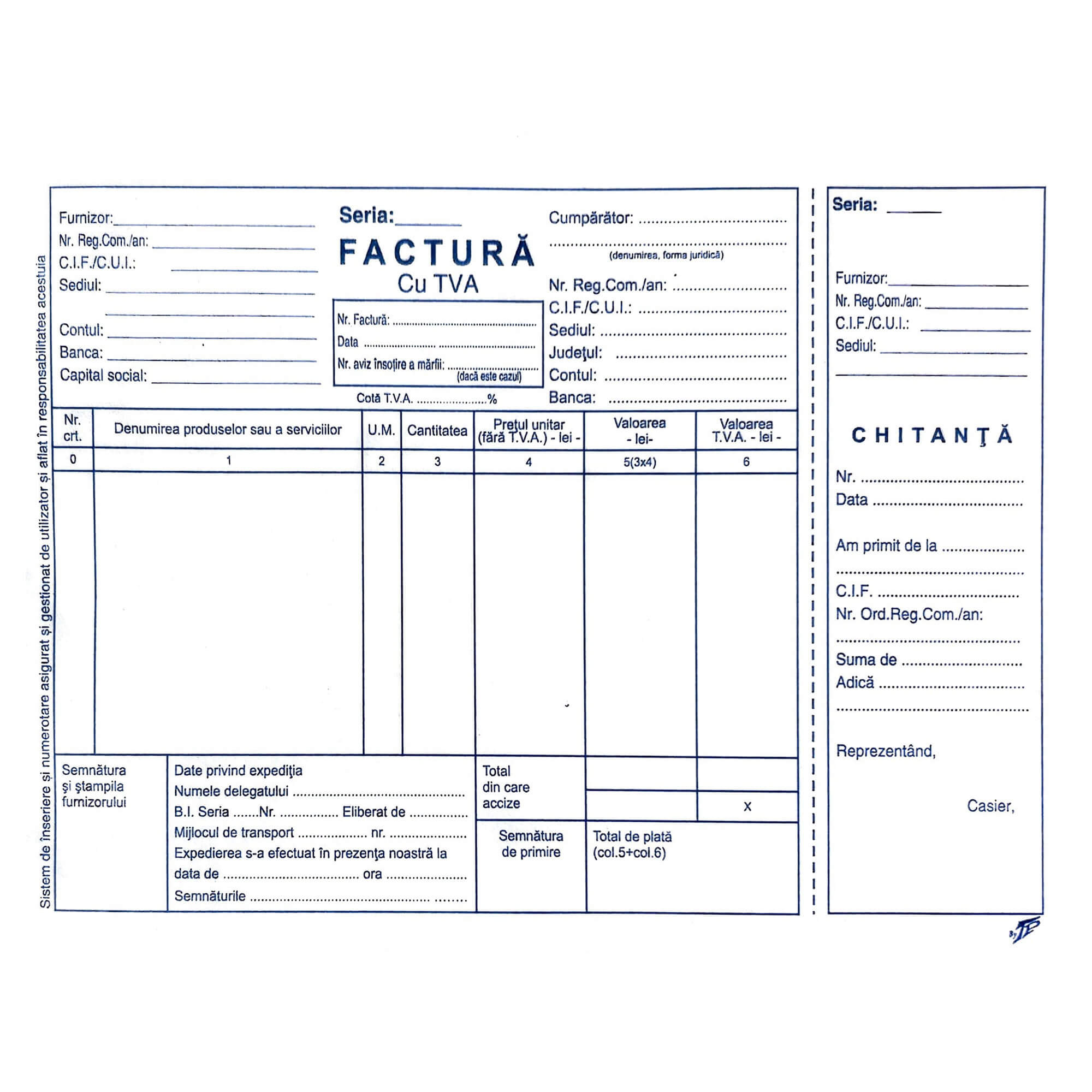 Facturier cu TVA si chitanta, A5, 3 exemplare | Office Direct