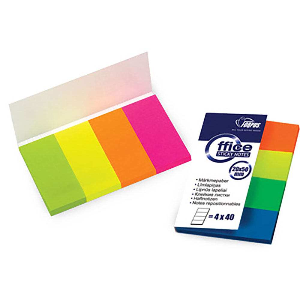 Index autoadeziv plastic 20x50 mm, 4 culori neon, FORPUS