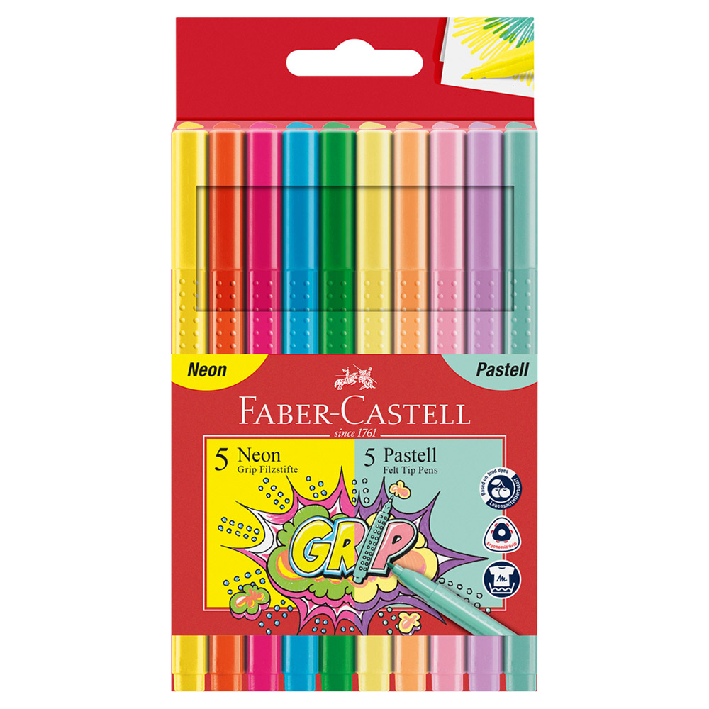 Carioci 10 culori/set, pastel si neon, FABER-CASTELL Grip, FC155312 ...