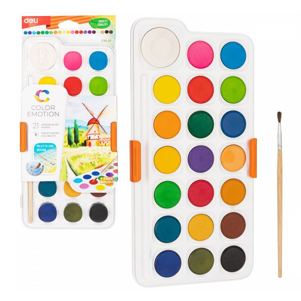 Acuarele 21 culori/set + pensula, DELI Color Emotion | Office Direct