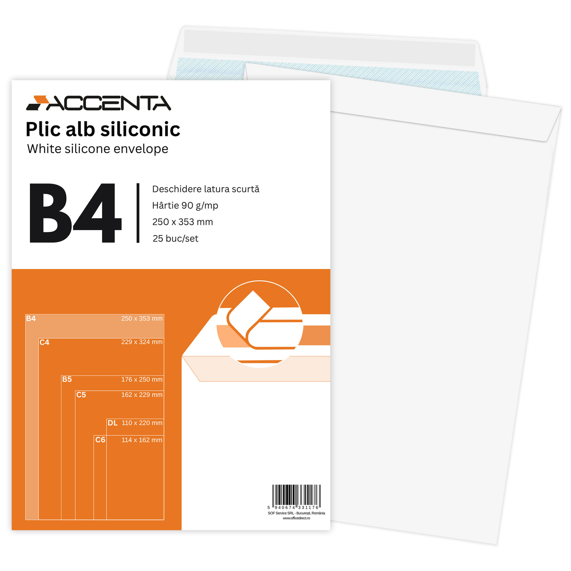 Plic B4 alb siliconic, 25 buc/set, ACCENTA | Office Direct